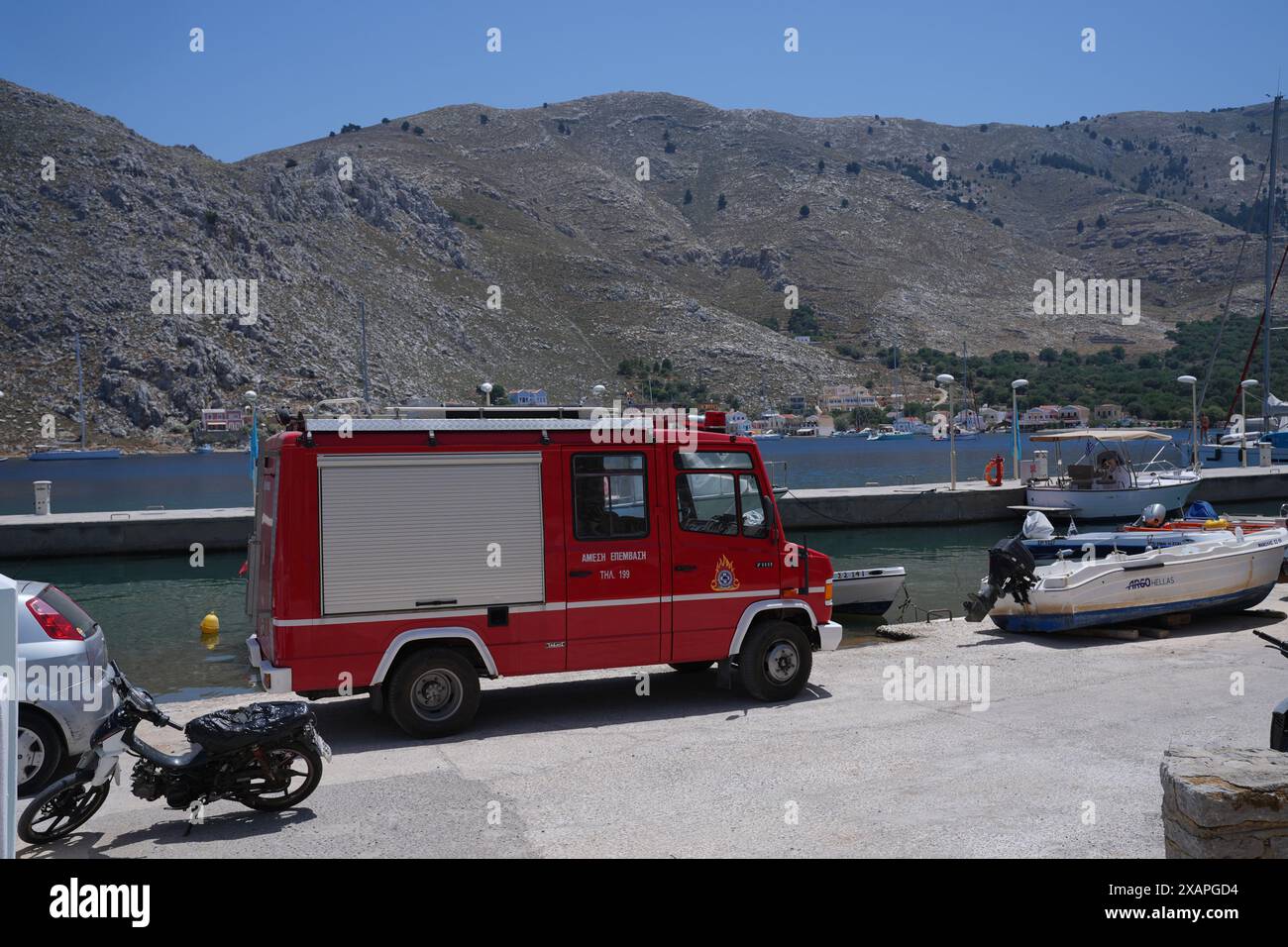 A fire engine in Pedi, a small fishing village in Symi, Greece, where a ...