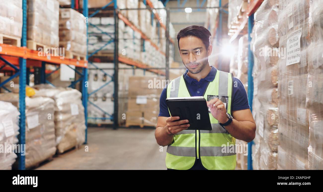 Man, tablet and logistics at warehouse for reading, inspection or cargo ...