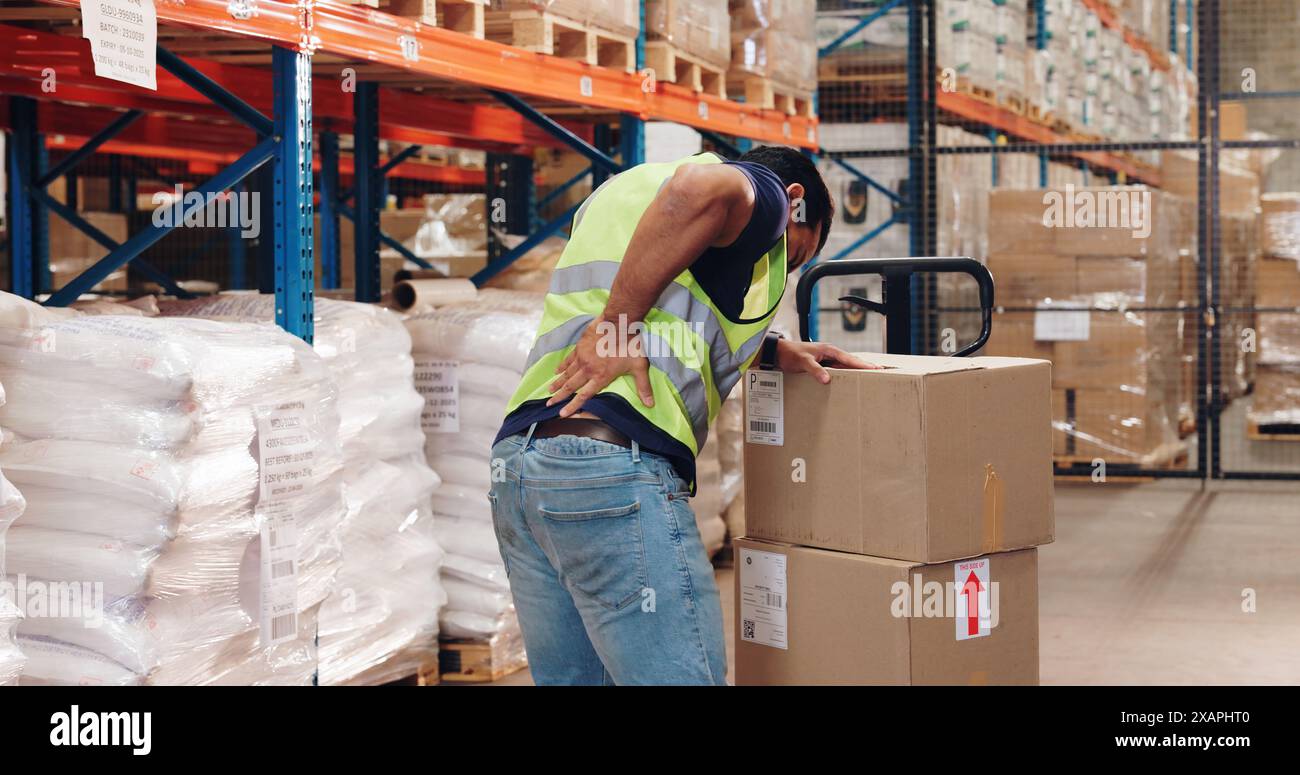 Pallet truck, man and back pain in warehouse with transport, safety and ...