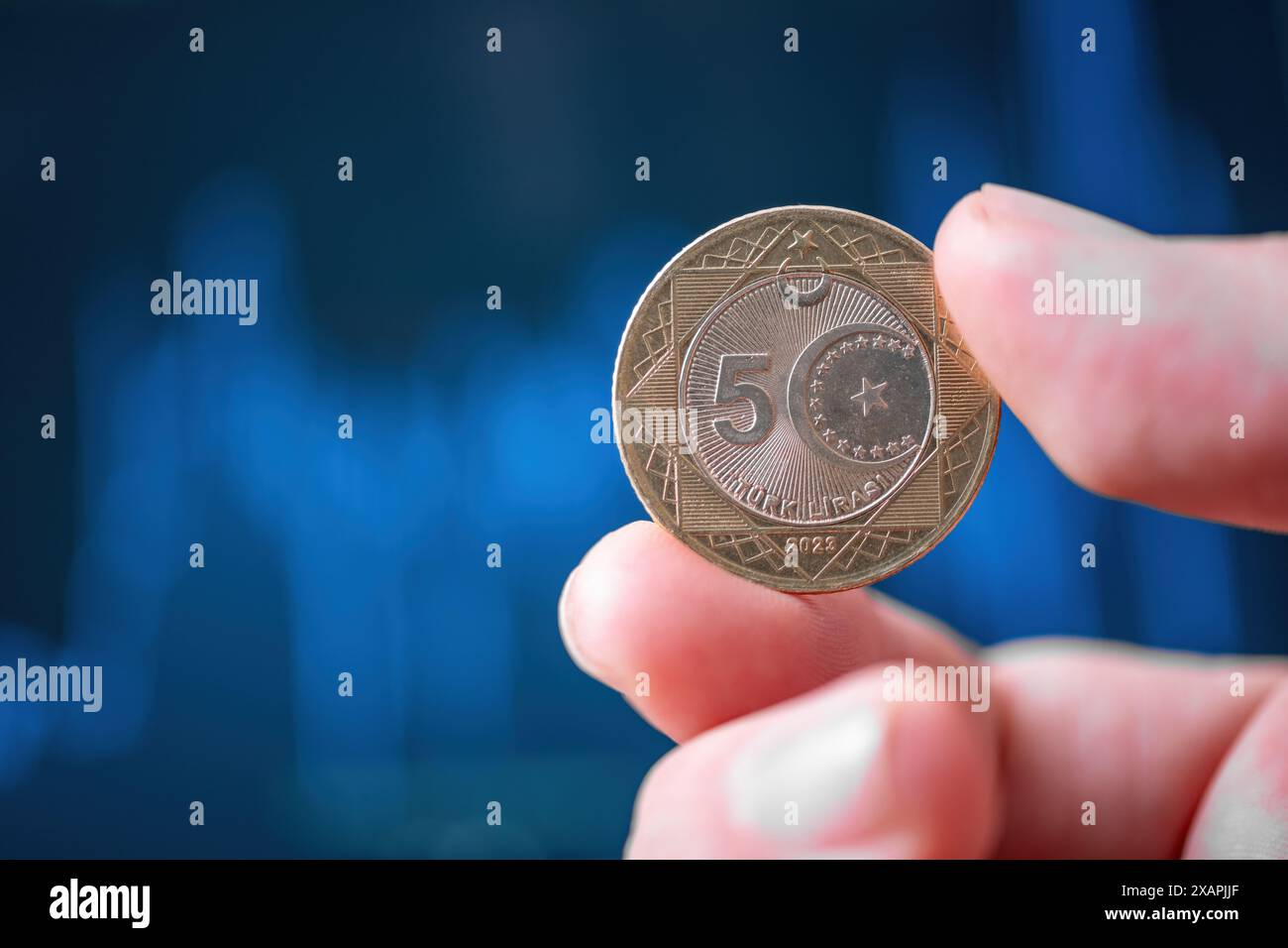 Hand holding a 5 Turkish Lira coin in front of a screen with financial ...