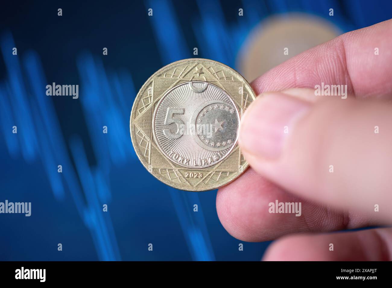 Hand holding a 5 Turkish Lira coin in front of a screen with financial ...