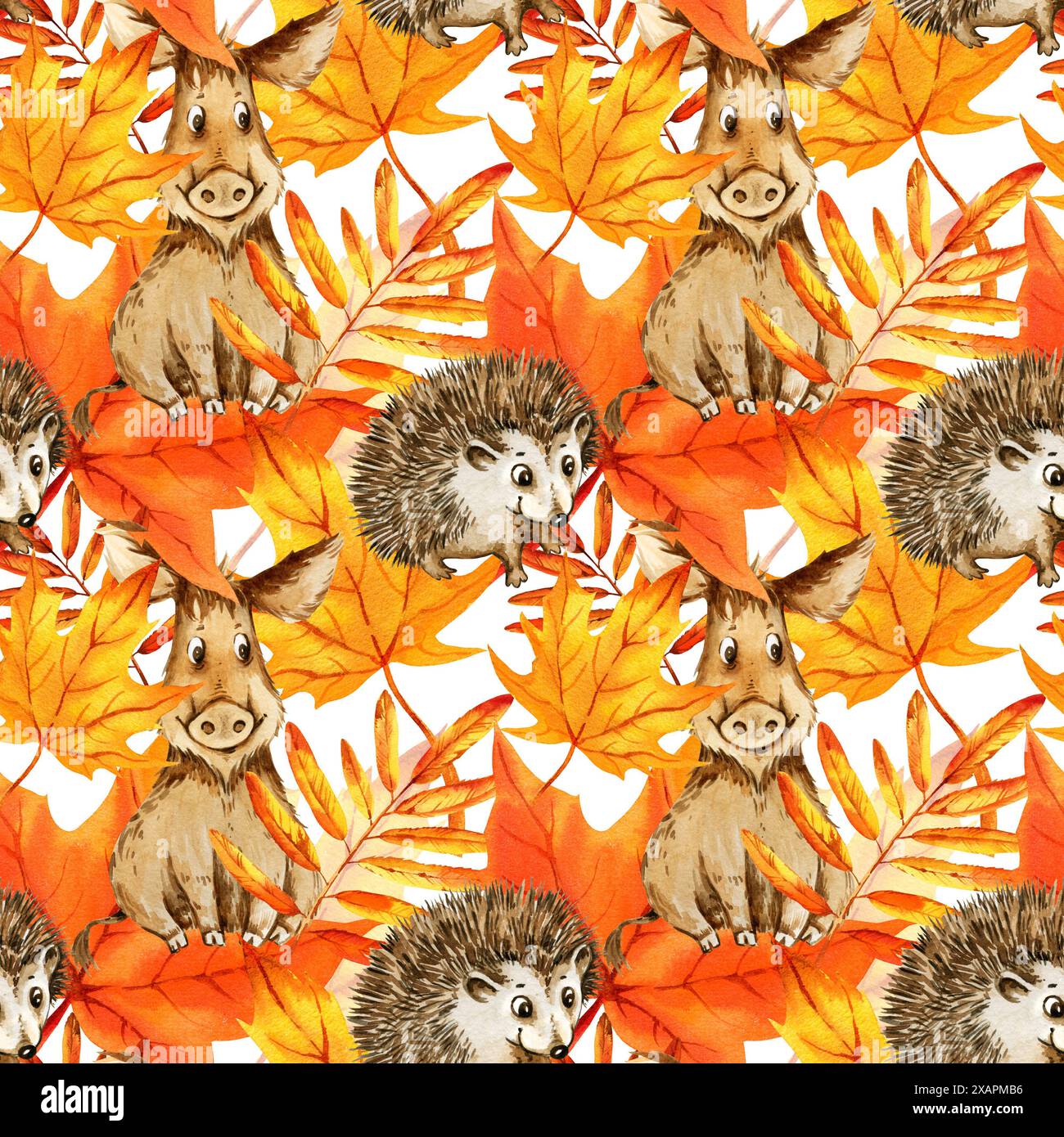 watercolor cartoon cute hedgehog and hog with autumn leaves, hand drawn illustration of yellow ...