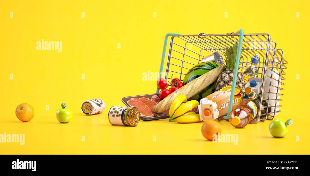 Overturned shopping basket full of variety of grocery products, food ...