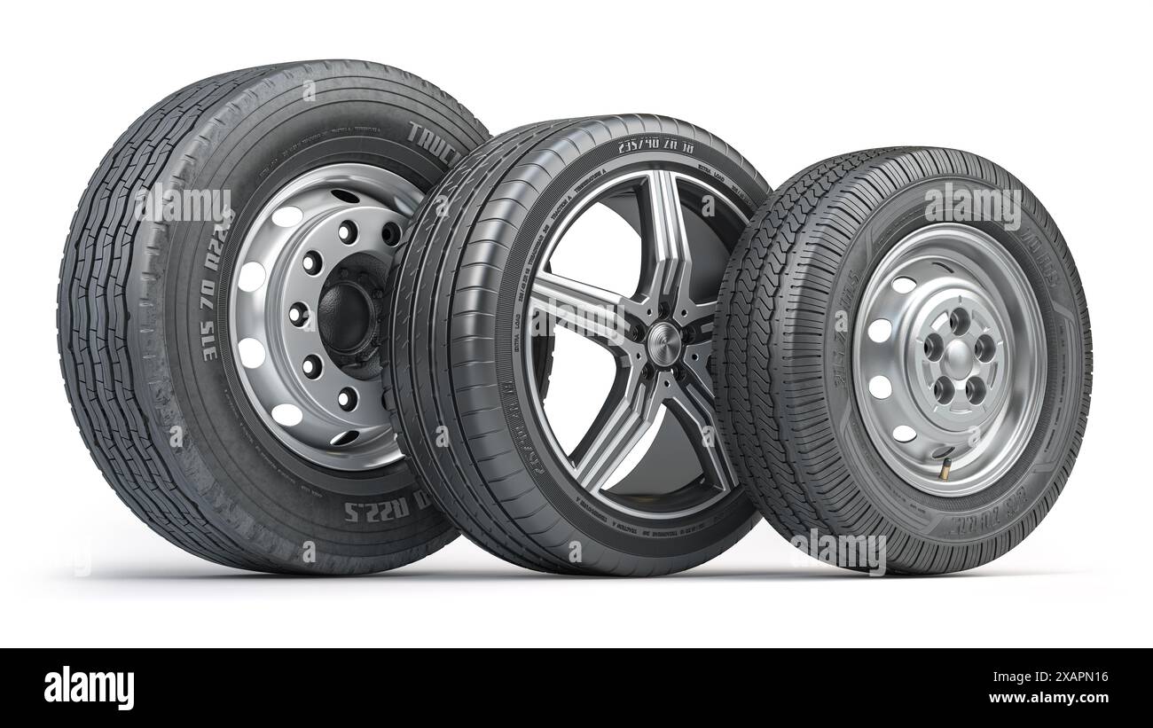 Row of various car tires with alloy wheels isolated on white background. 3d illustration Stock ...