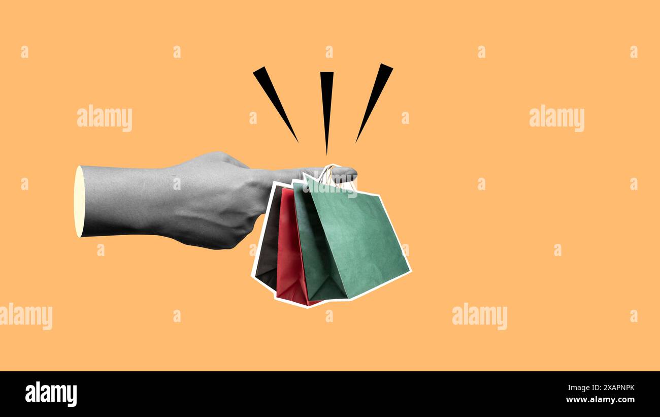 A human finger holding shopping bags with a colored background. Collage ...