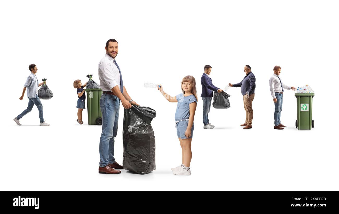 Father and daughter with recycling bottles and people throwing waste in ...