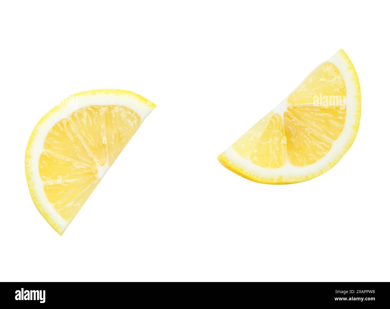 Top view set of fresh yellow lemon slices or quarters scattering is ...
