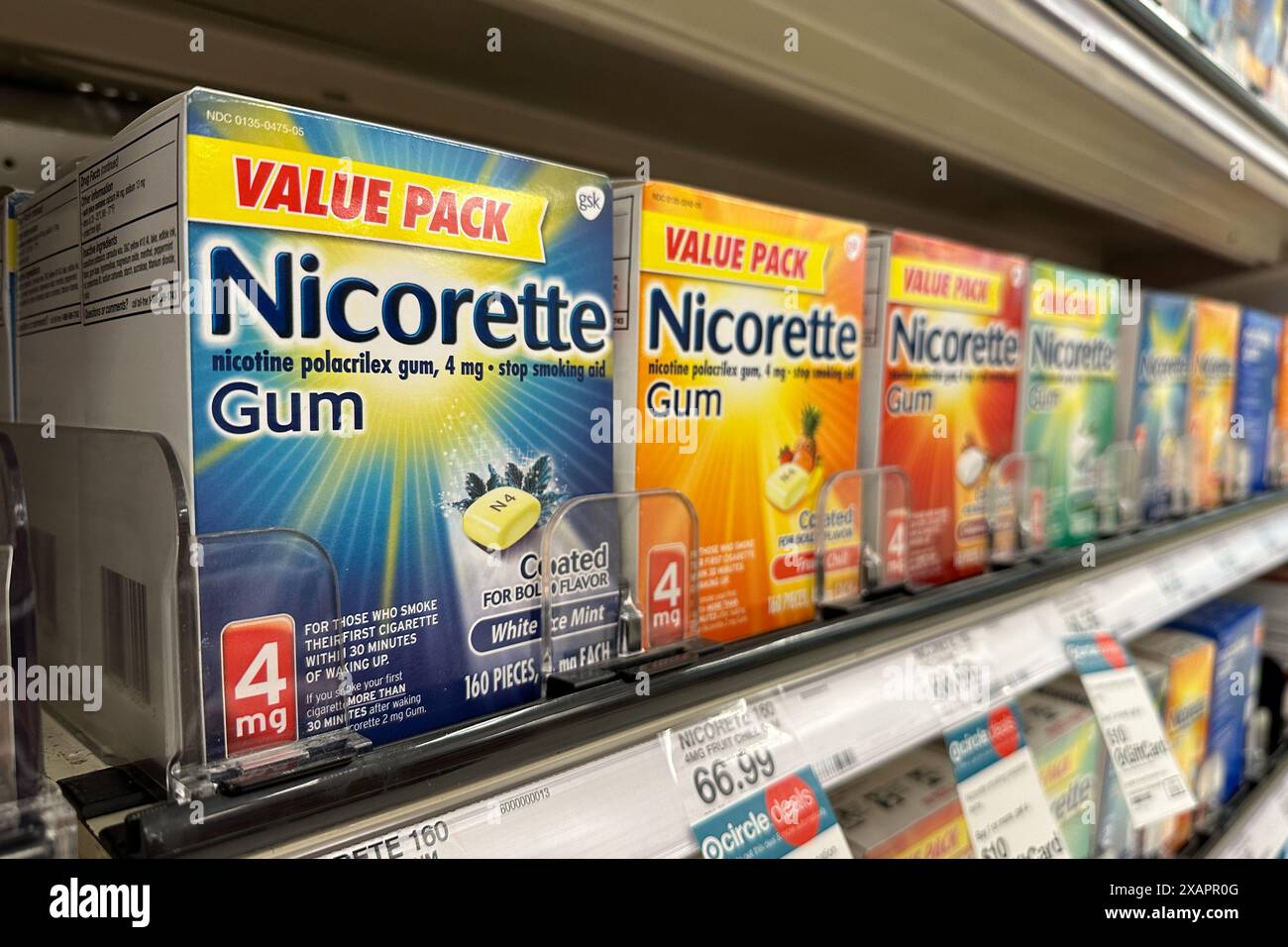Rows of Nicorette gum on display at a Target retail store in Michigan ...