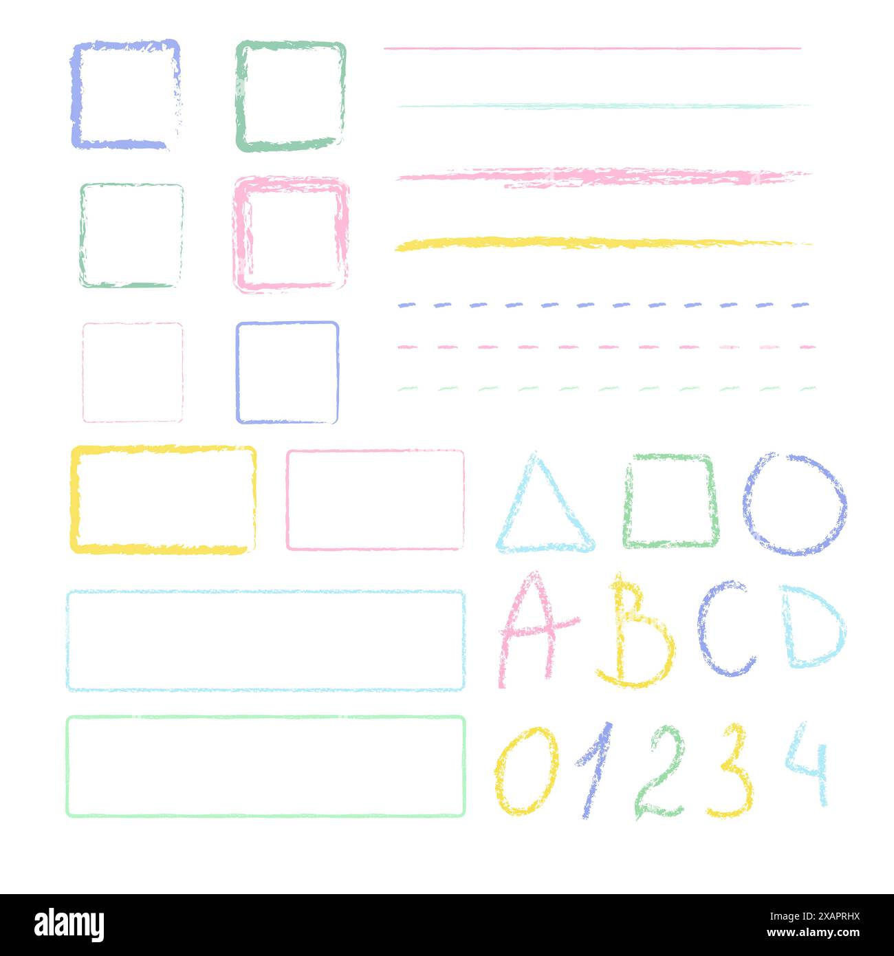 Colored numbers, letters, wax pencil frames, square drawings on white ...