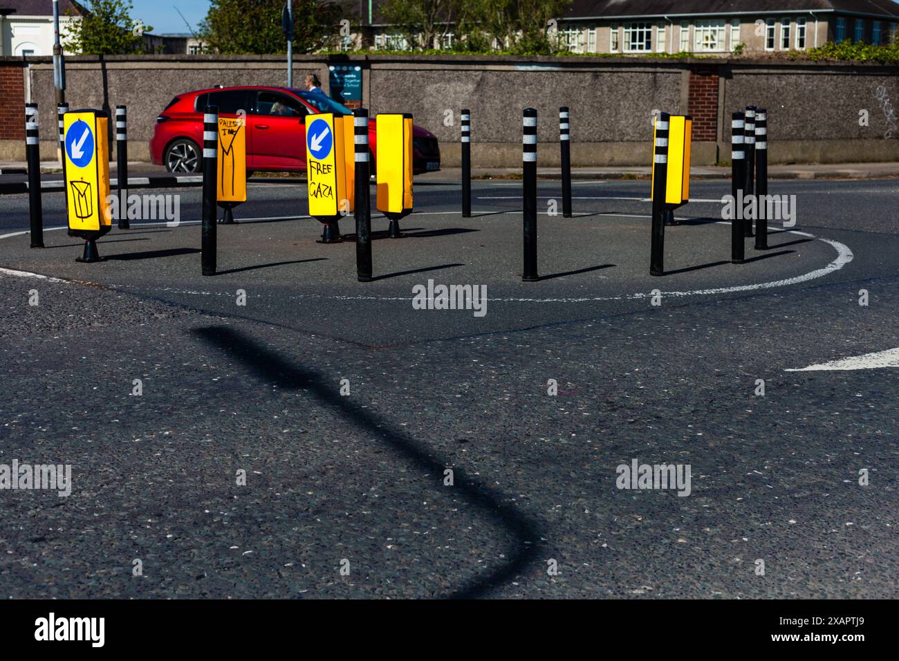 Roundabout in Dublin marked with removable bollards some marked with ...