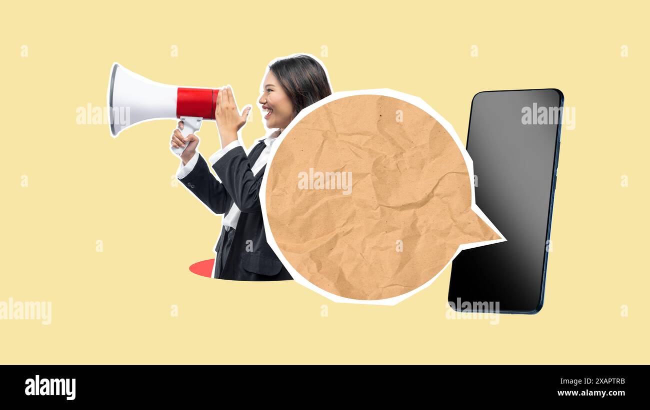 A woman is holding a megaphone and a cell phone. The megaphone is red ...