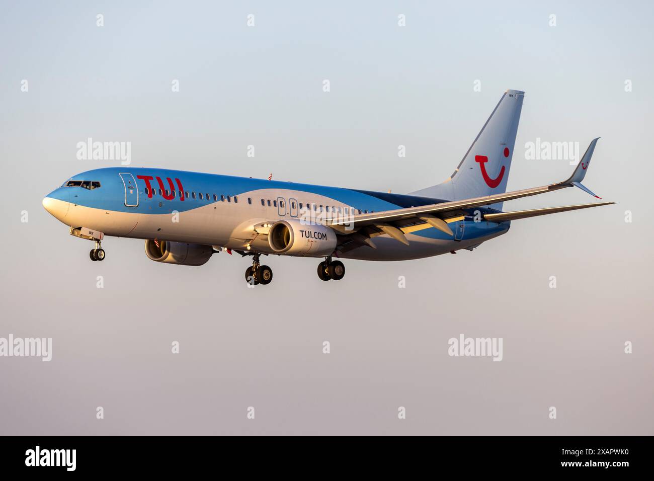 TUI Boeing 737-8K5 (REG: G-TAWK) landing as the sun is setting Stock ...