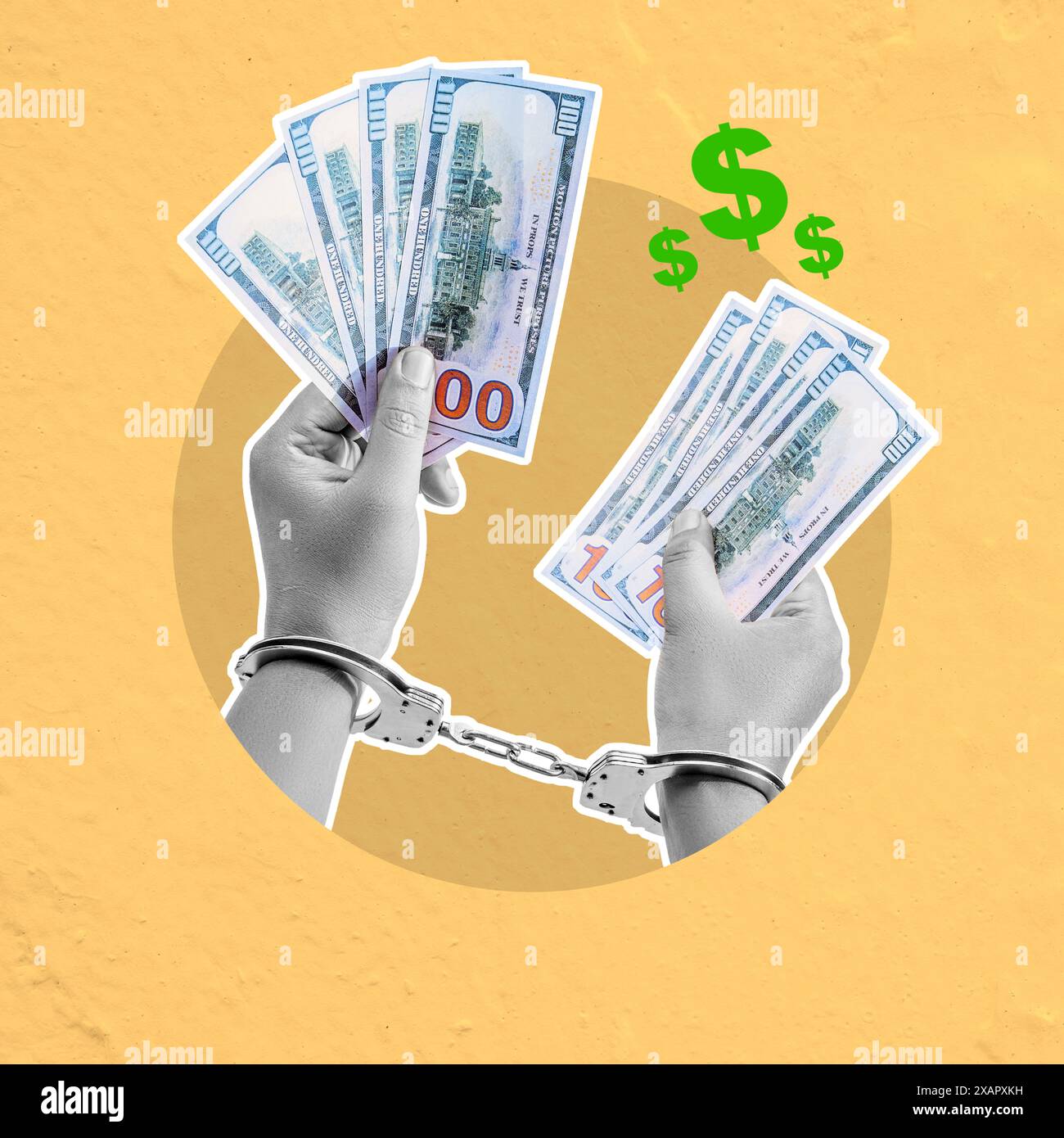 A human hand with a handcuff holding one hundred dollars banknote money ...