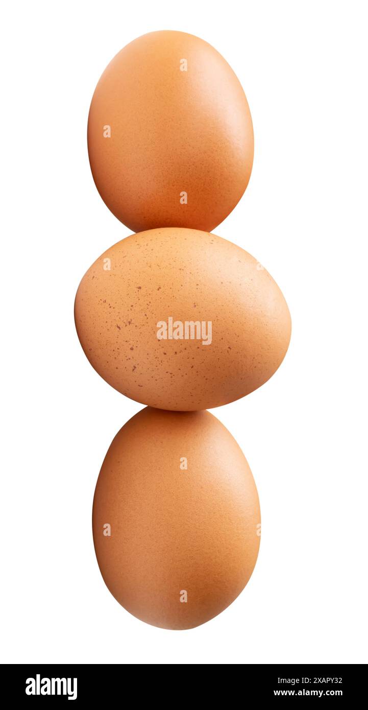 Front view of brown chicken eggs in stack is isolated on white ...