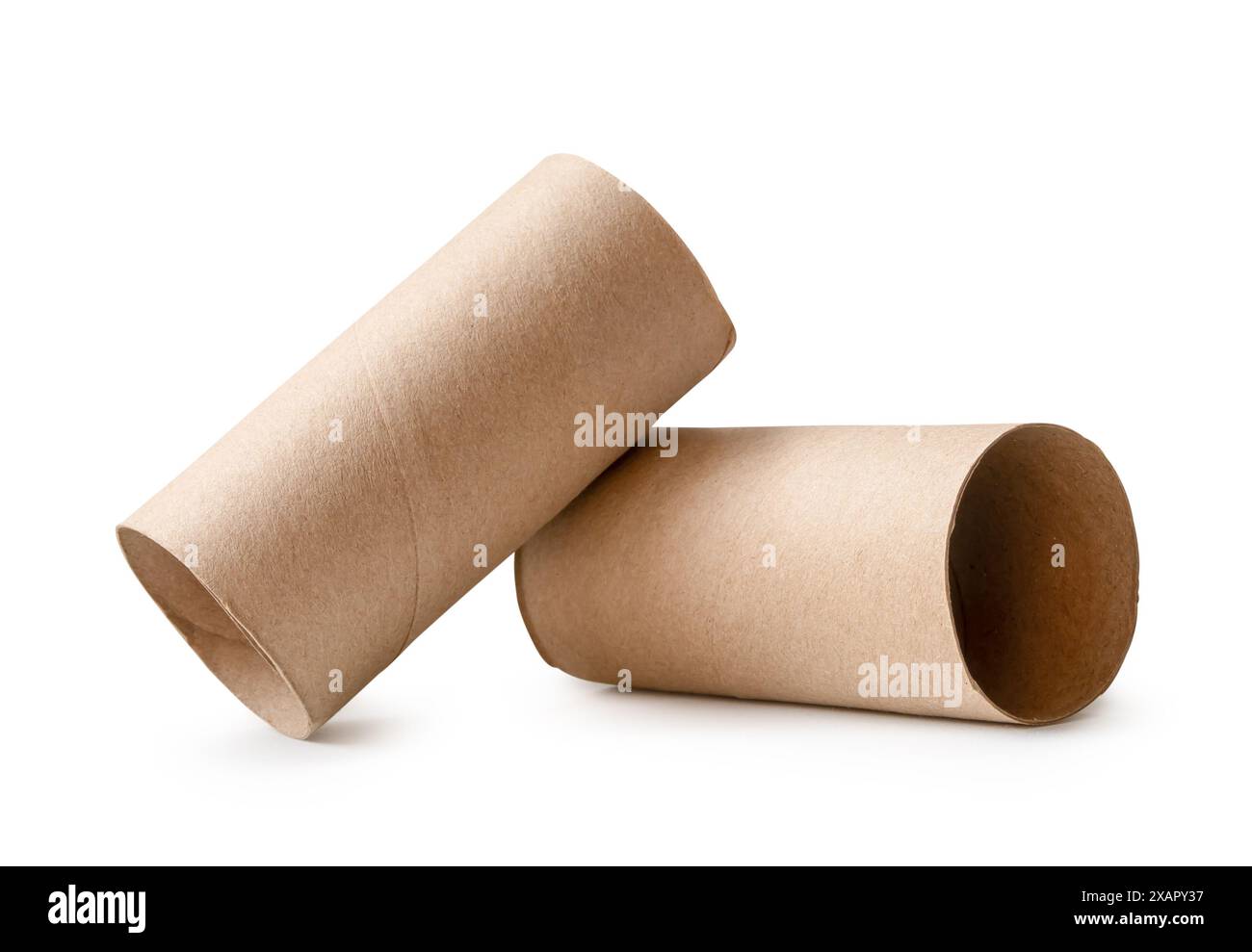 Side view of brown tissue paper cores in stack is isolated on white ...