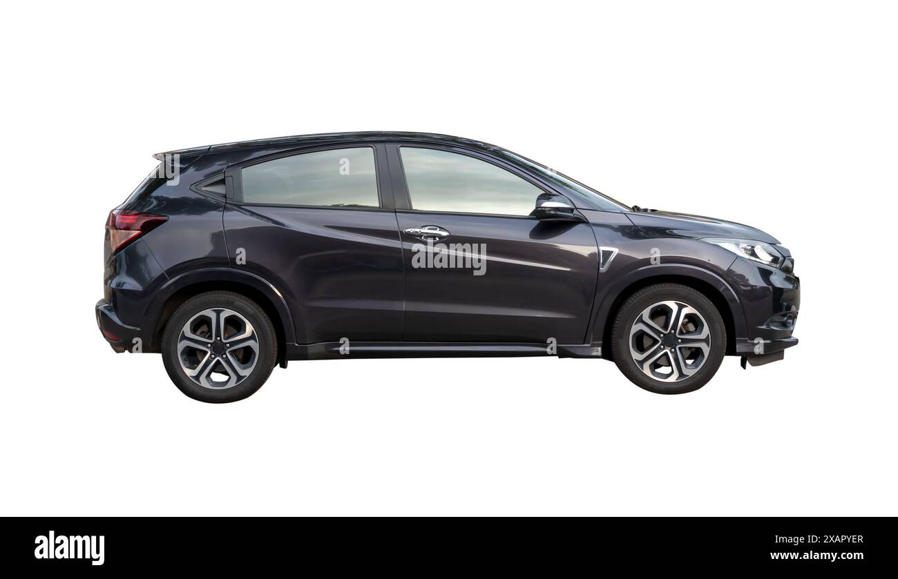 Side view of black hatchback car is isolated on white background with ...