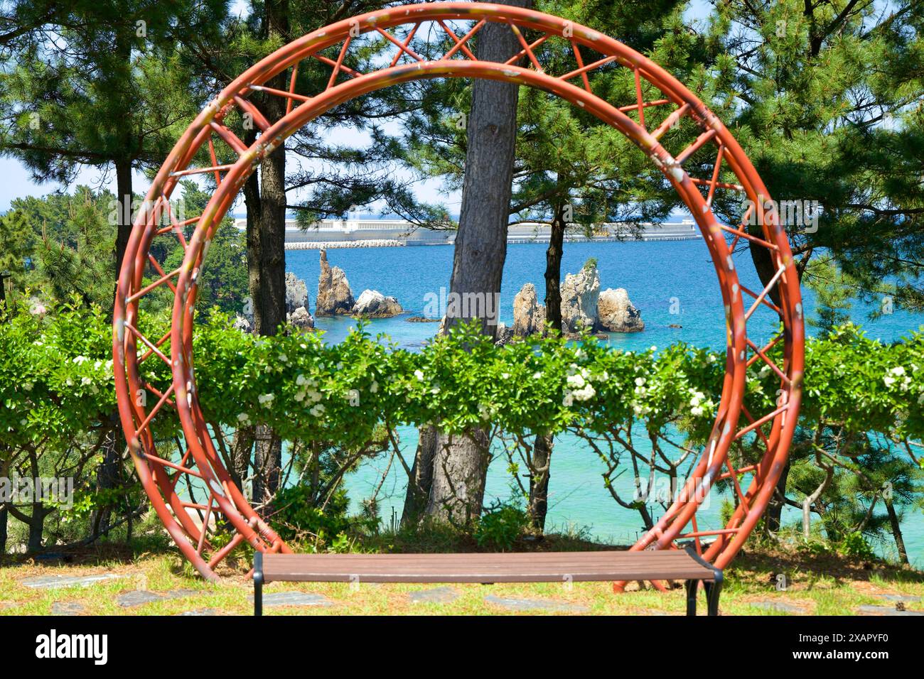 Donghae City, South Korea - May 18th, 2024: A picturesque bench with a ...