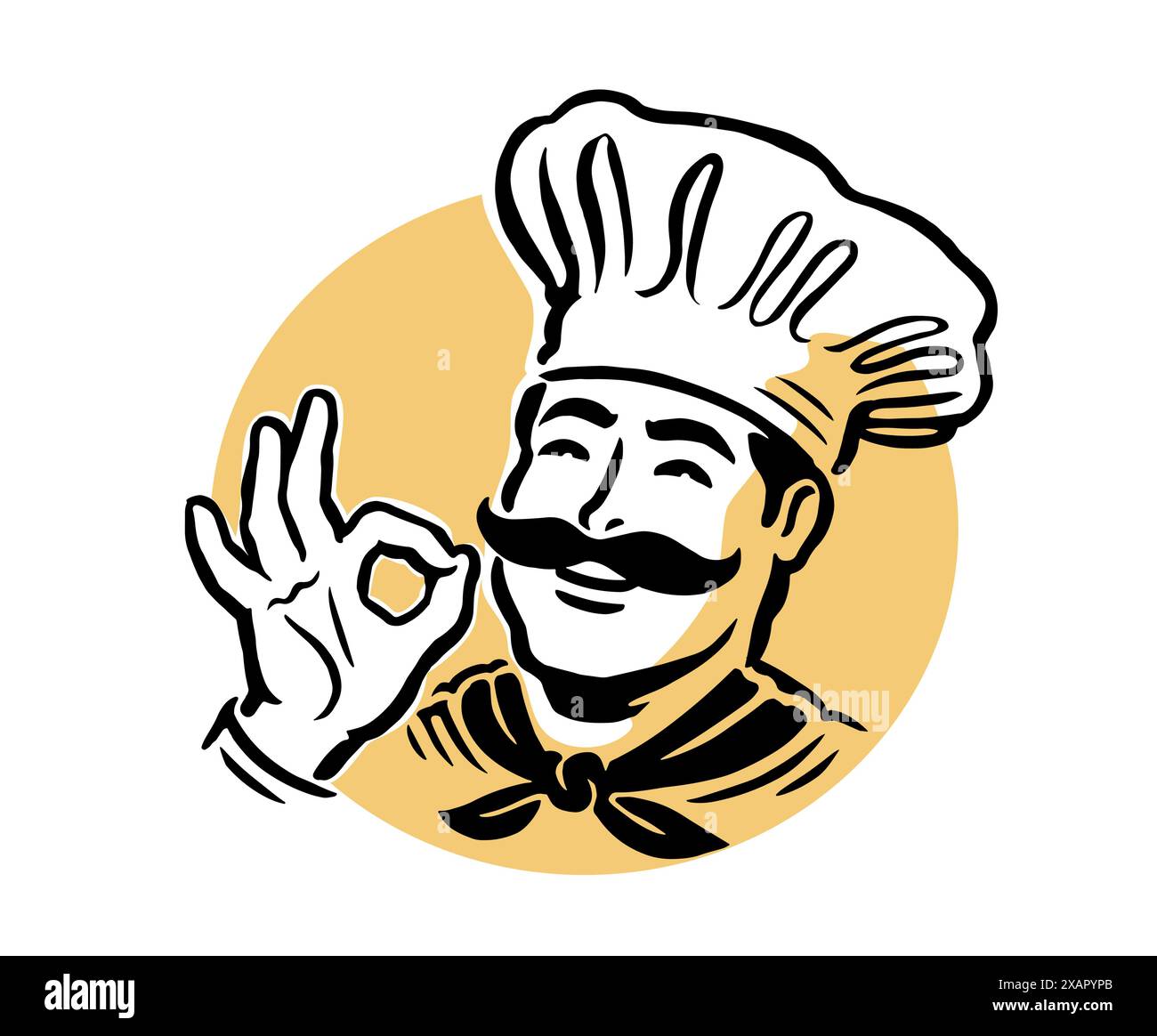 Portrait of smiling cartoon chef wearing hat in logo style. Emblem for ...