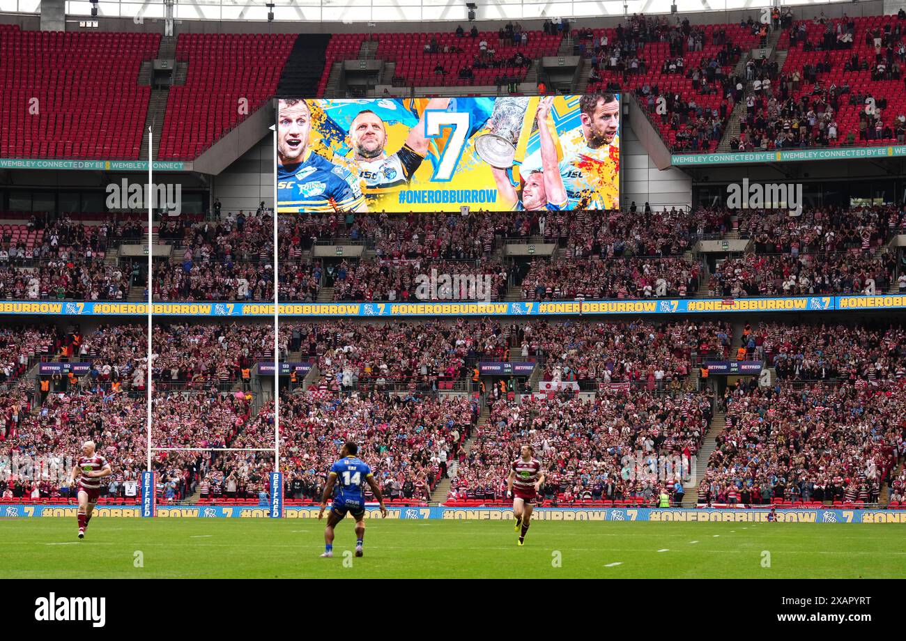 A general view of the large stadium tv screen showing a tribute to Rob ...