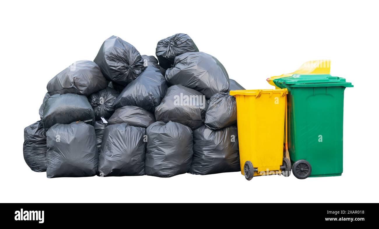Front view of giant stack of garbage in black plastic bag with wheeled ...