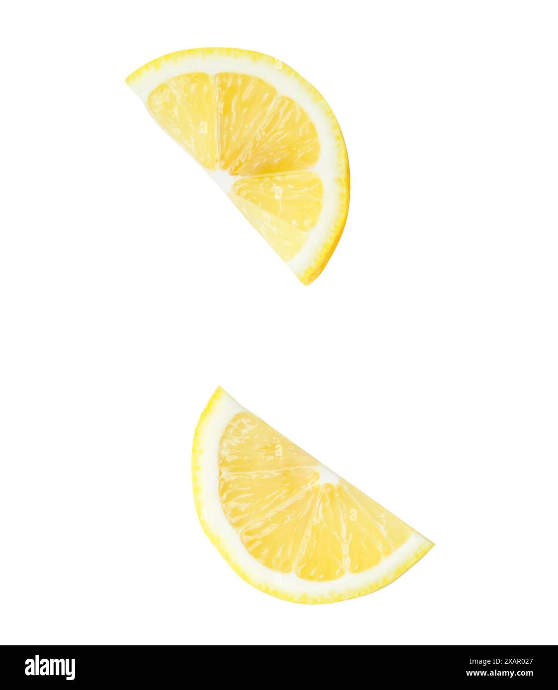 Top view set of fresh yellow lemon slices or quarters scattering is ...