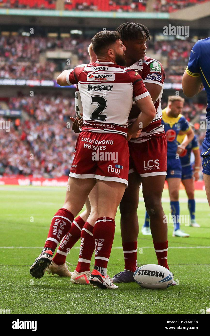 London, UK. 08th June, 2024. Zach Eckersley of Wigan Warriors scores ...