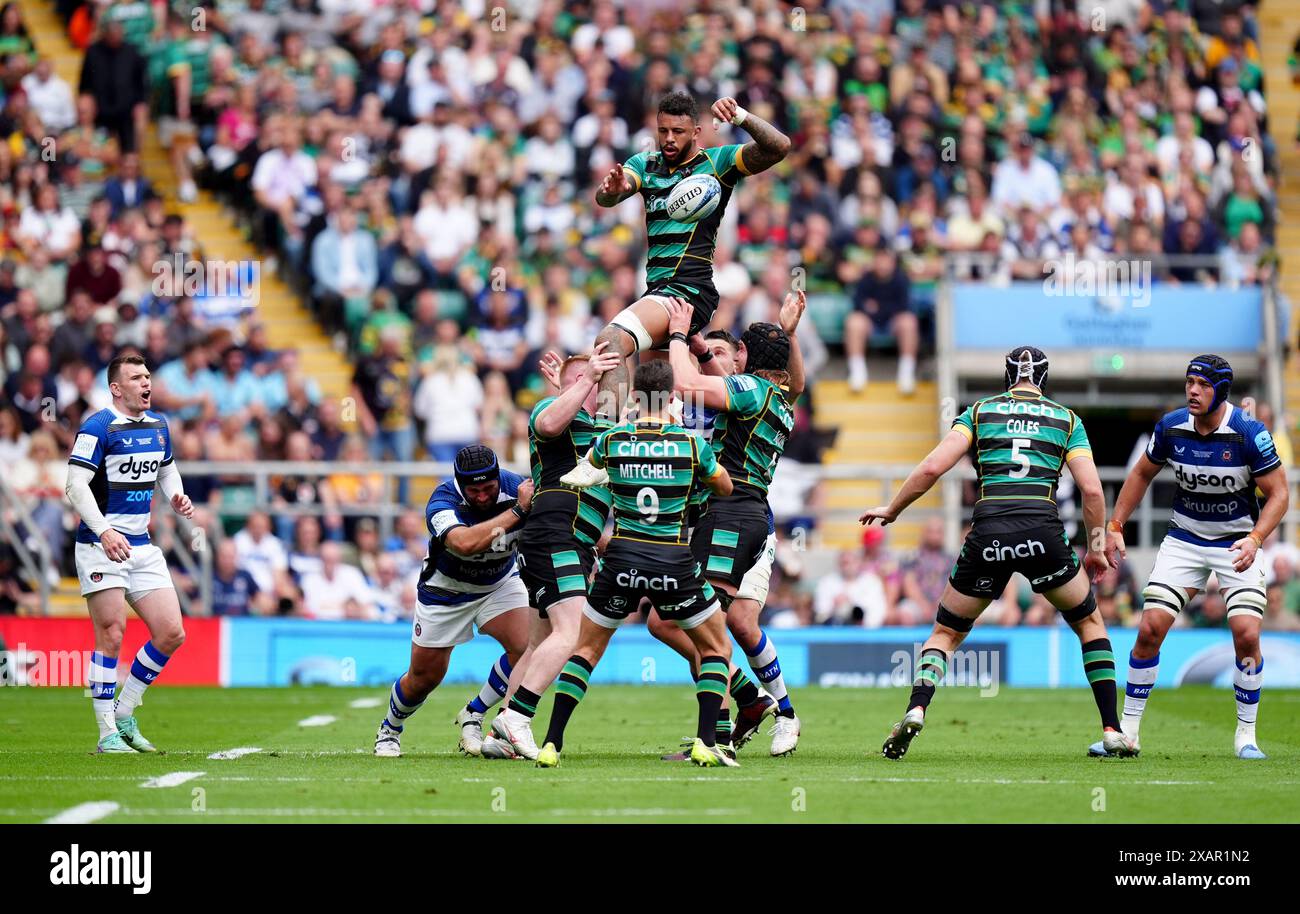 Northampton Saints' Courtney Lawes catches the ball from a lineout ...