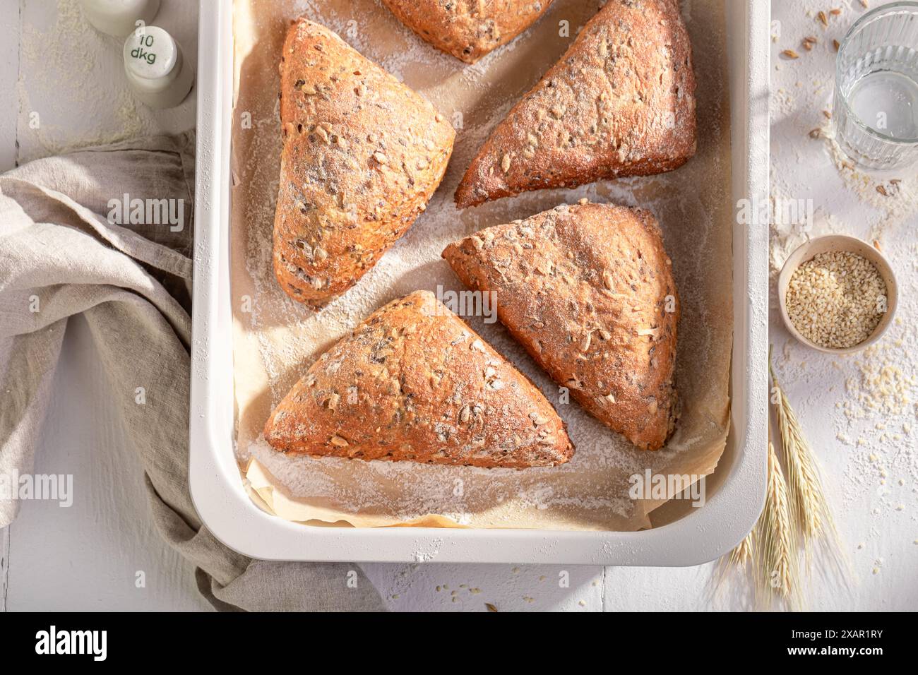 Hot and healthy triangular buns freshly baked in home bakery ...