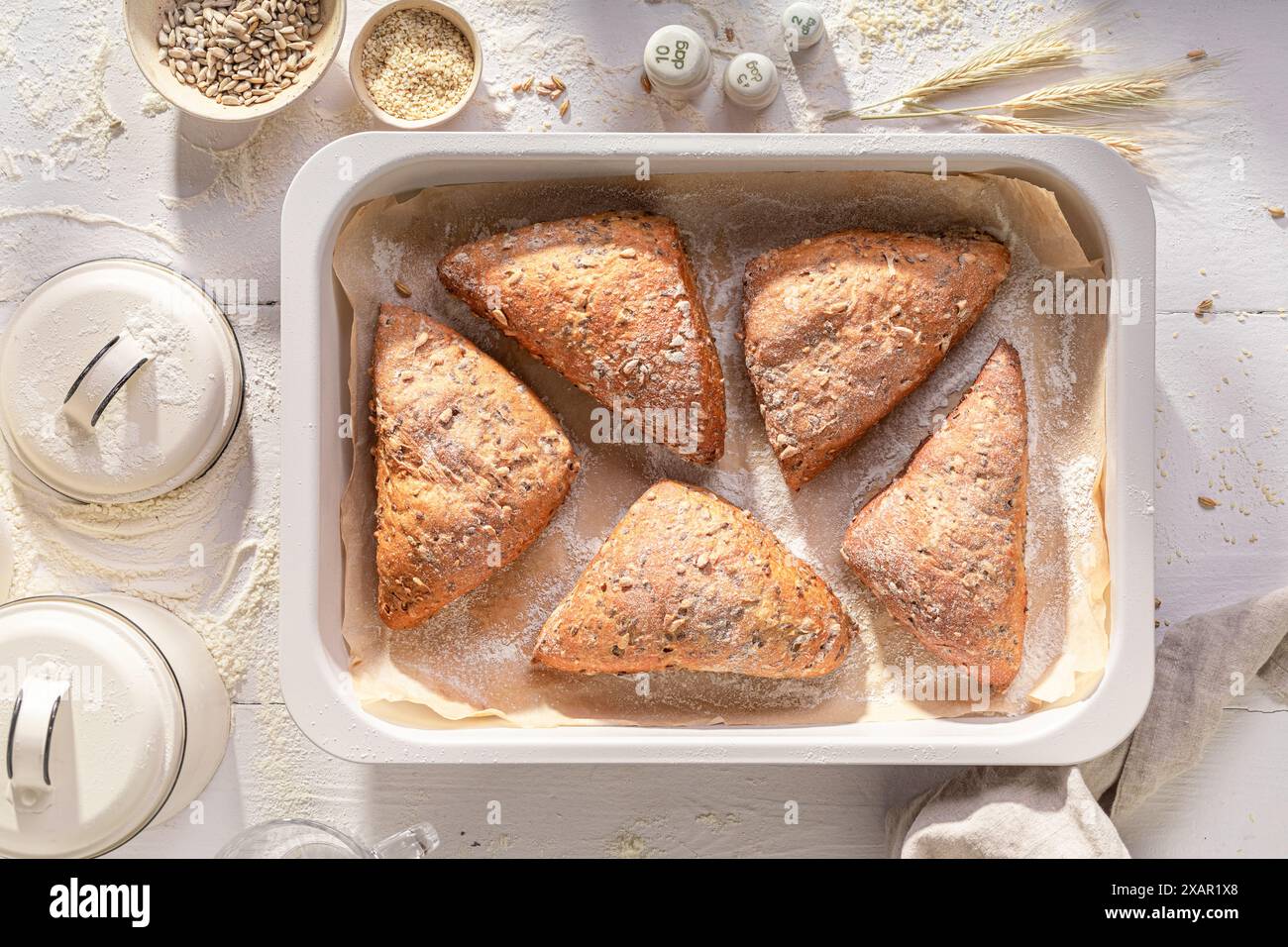 Healthy and fresh triangular buns in rustic bakehouse. Triangular buns ...