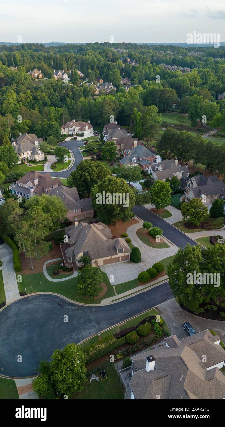 Aerial panorama view of an upscale subdivision in suburbs of USA shot ...