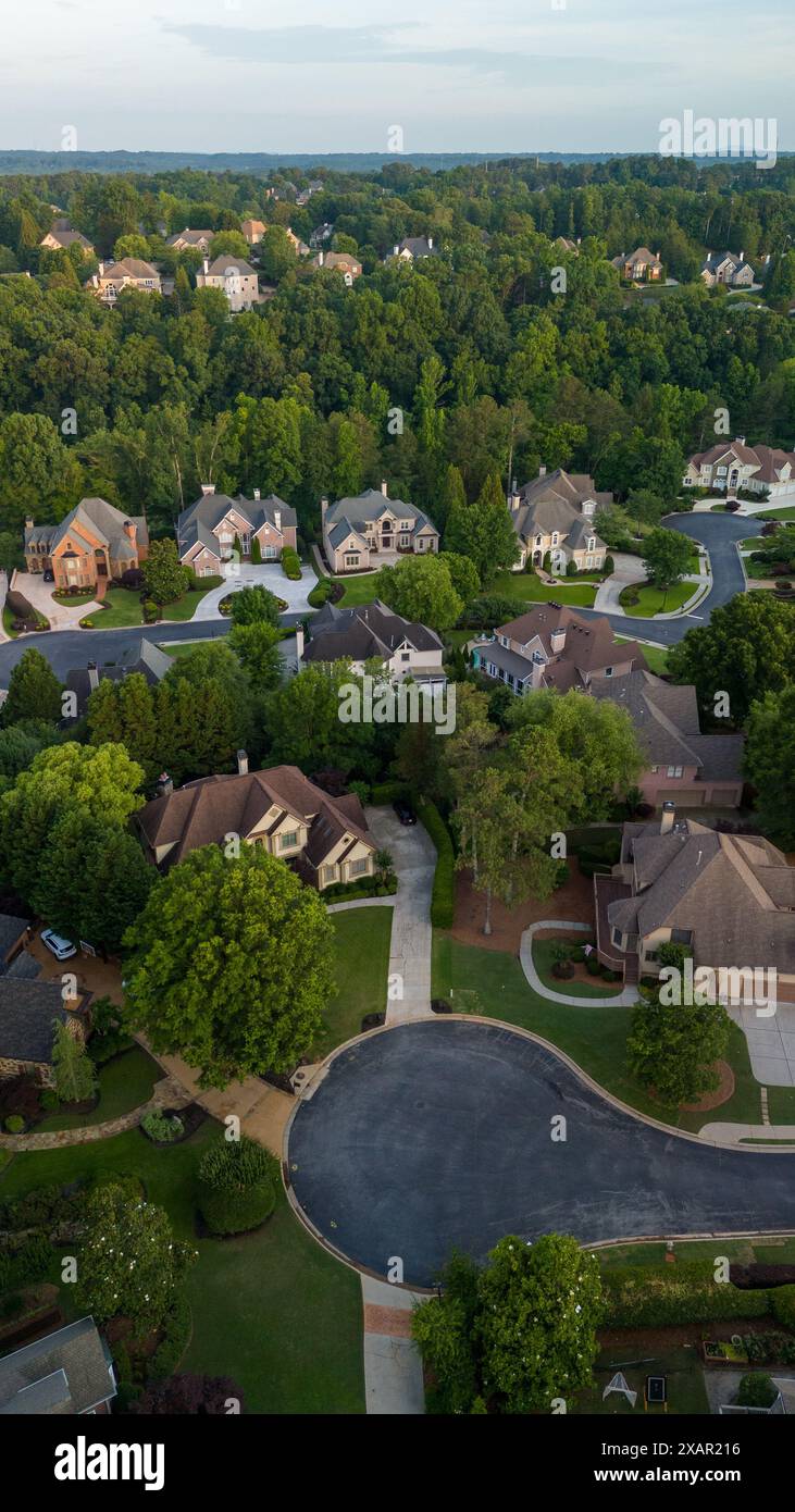 Aerial panorama view of an upscale subdivision in suburbs of USA shot ...