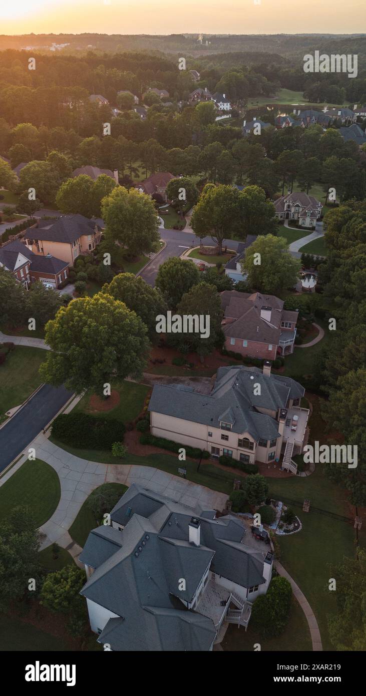 Aerial panorama view of an upscale subdivision in suburbs of USA shot ...