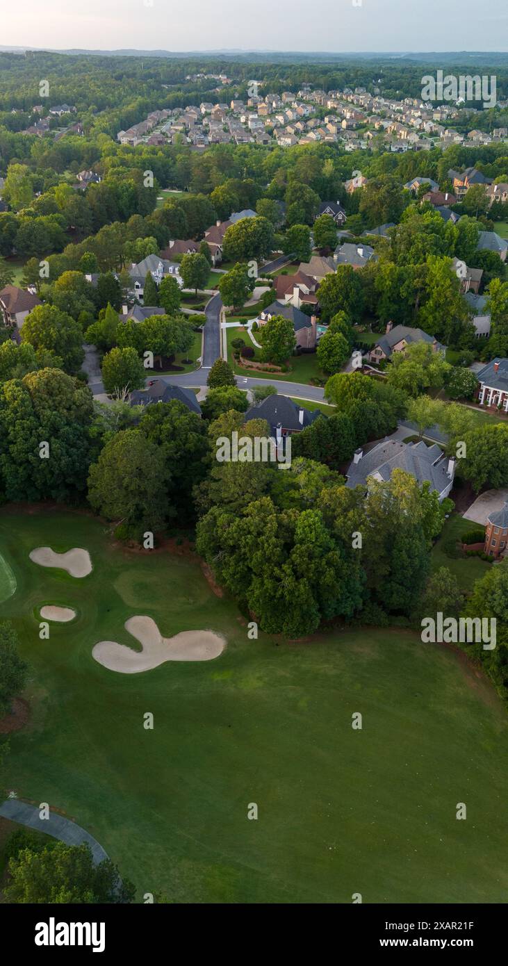Aerial panorama view of an upscale subdivision in suburbs of USA shot ...