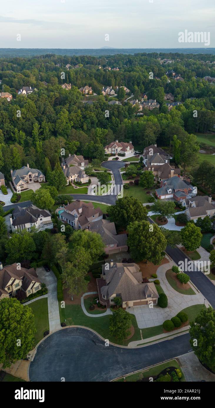 Aerial panorama view of an upscale subdivision in suburbs of USA shot ...