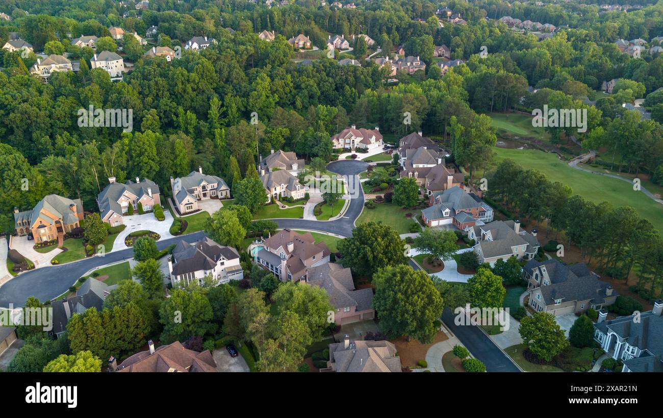 Aerial panorama view of an upscale subdivision in suburbs of USA shot ...