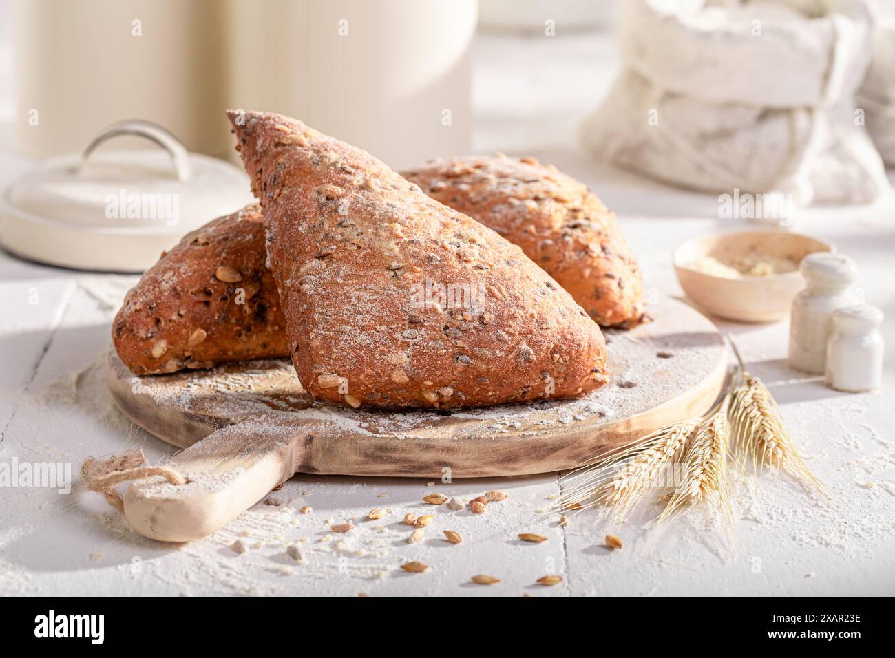Homemade and tasty triangular buns freshly baked in home bakery ...