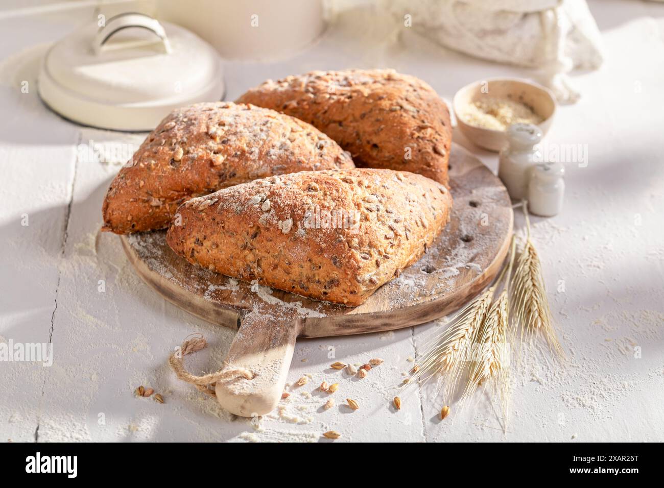 Healthy and fresh triangular rolls made of sourdough and flour ...