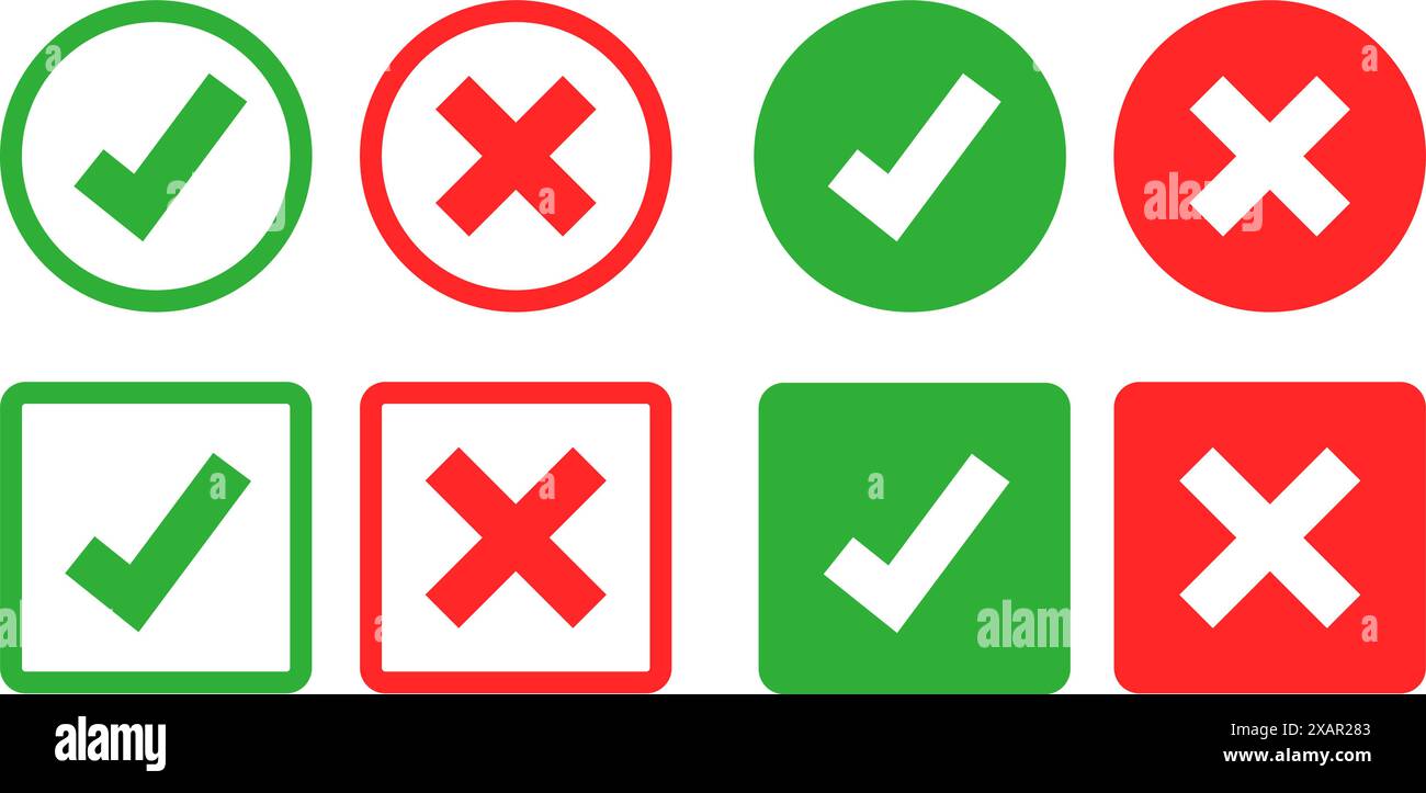 Set green approval checkmarks and red crosses in the square and circle ...