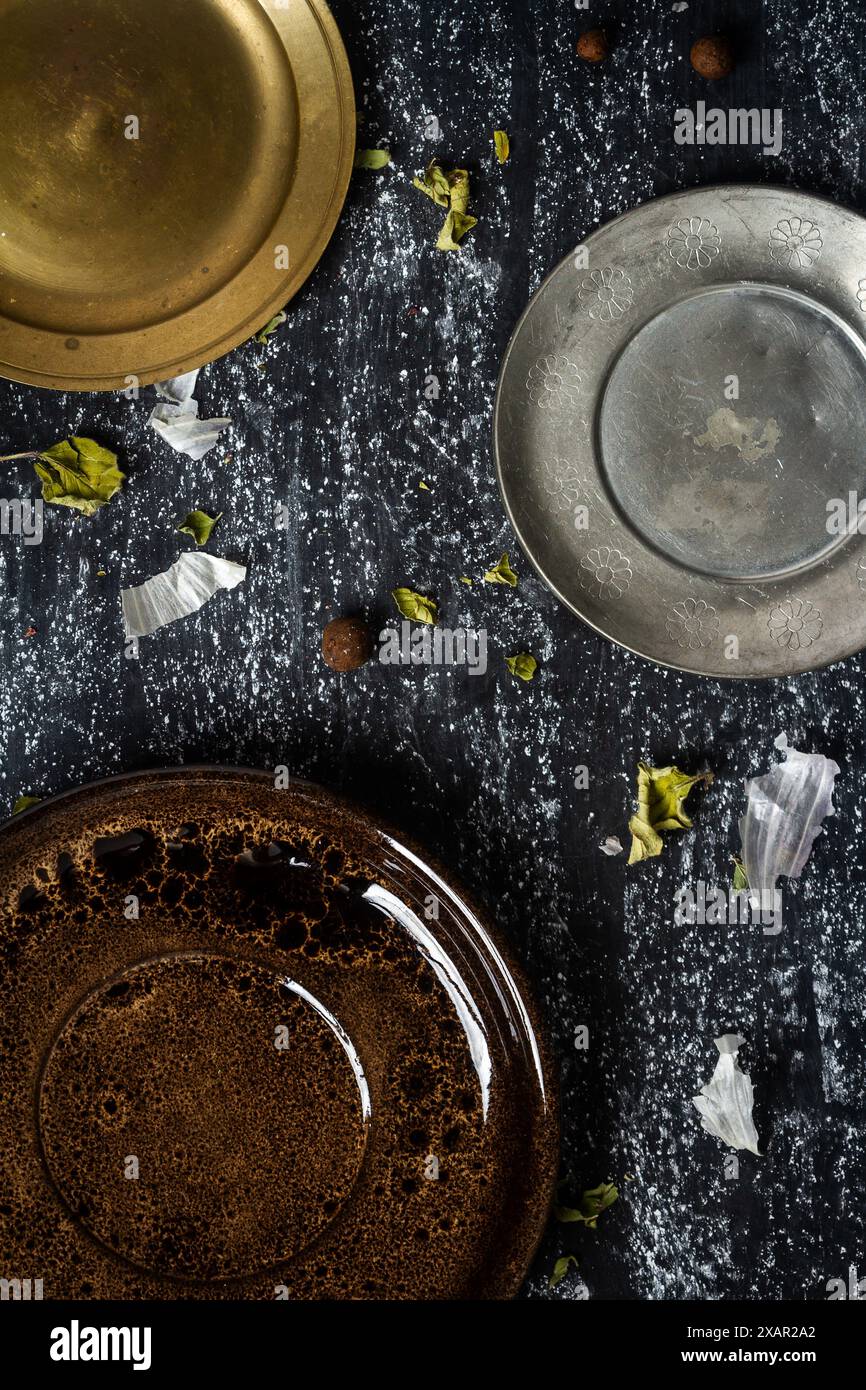 Small plates on blackboard texture. Food backdrop Stock Photo - Alamy