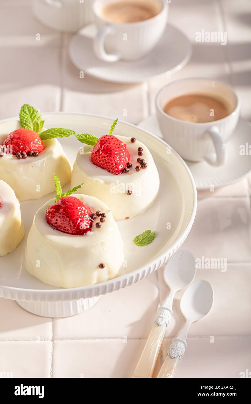 Homemade cheesecake monoportion served with coffee in summer ...