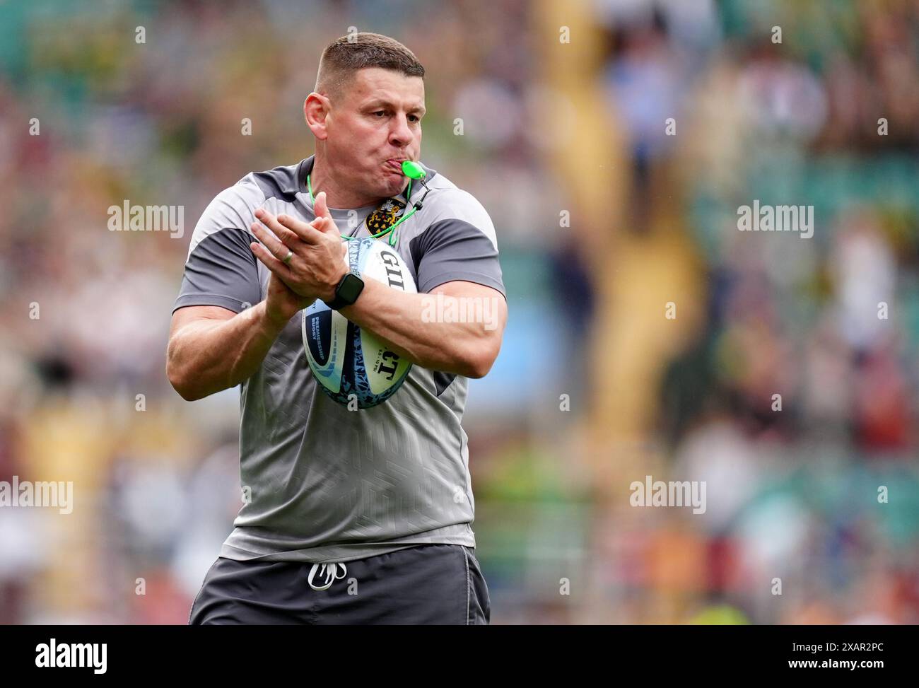 Northampton Saints defence coach Lee Radford during the warm up before ...
