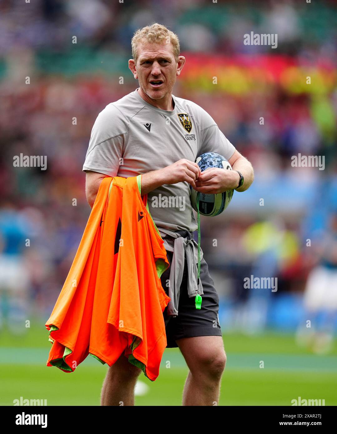 Northampton Saints defence backs coach Sam Vesty during the warm up ...