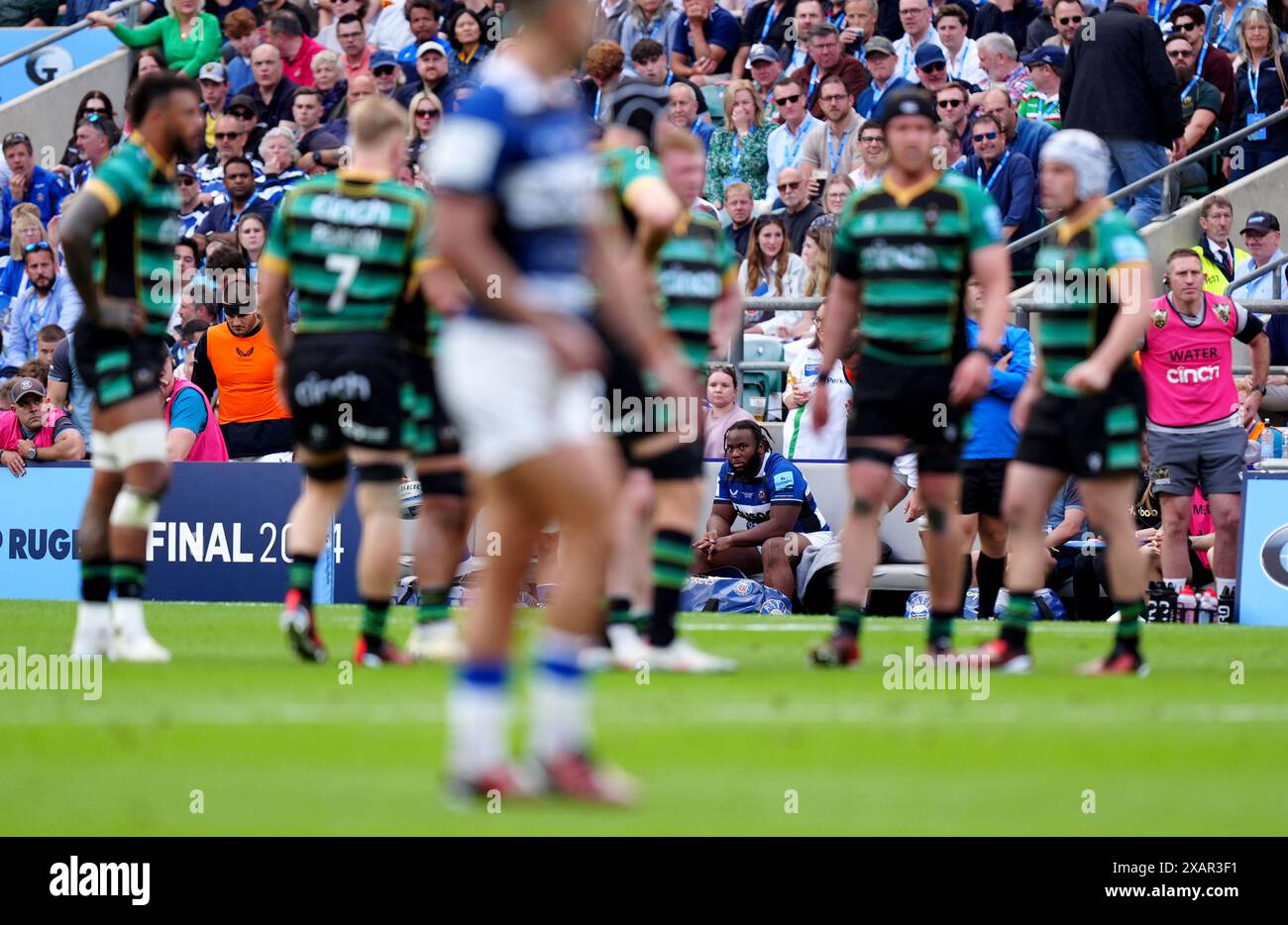Bath Rugby's Beno Obano watches from the bench after being sent off ...