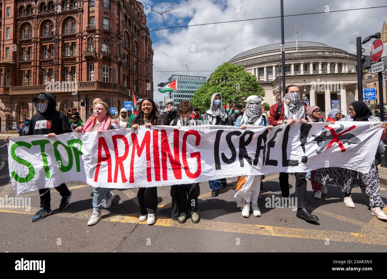 Banner Stop arming Israel. Palestine Gaza war protests in Manchester UK ...