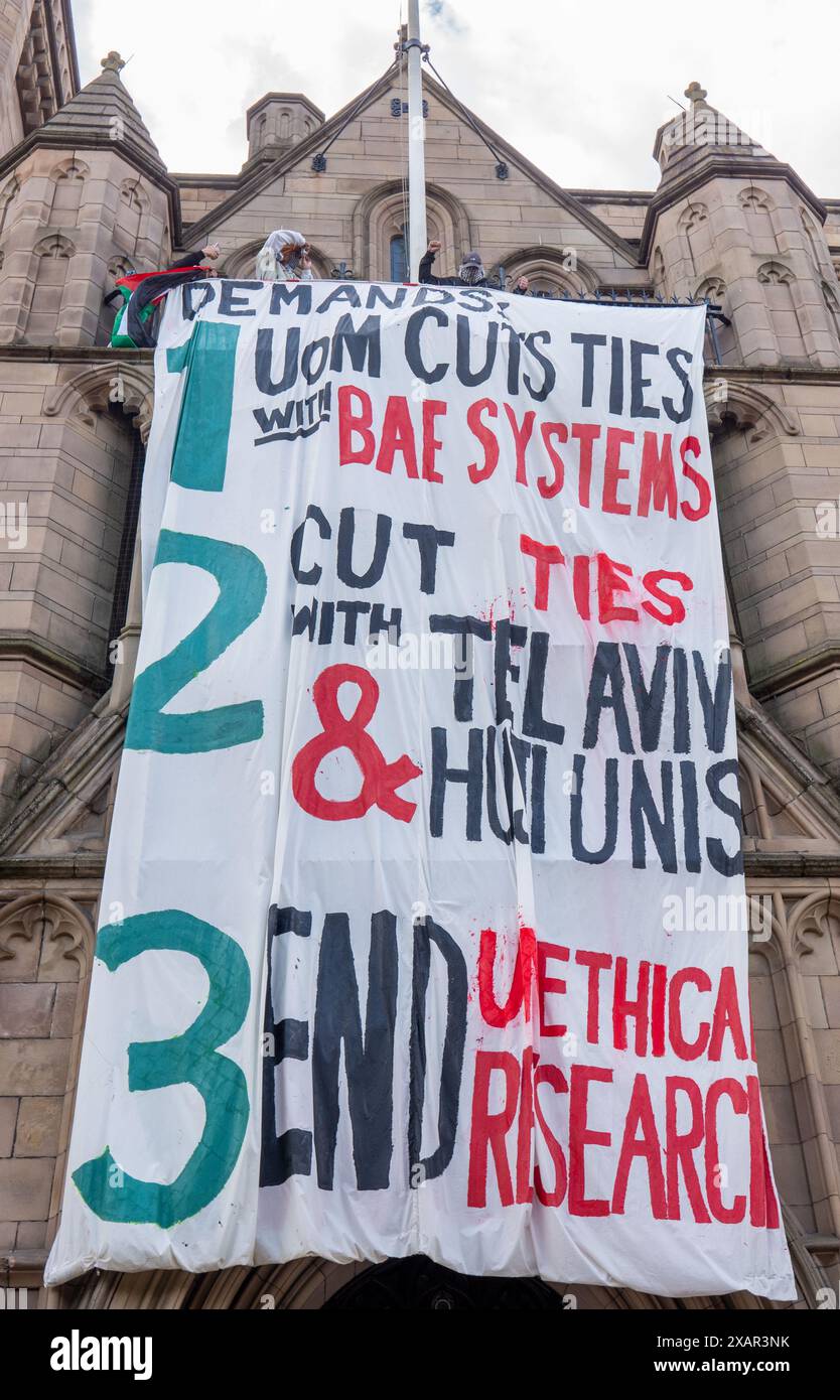 Pro Palestinian Banner with demands on Whitworth tower occupied by ...