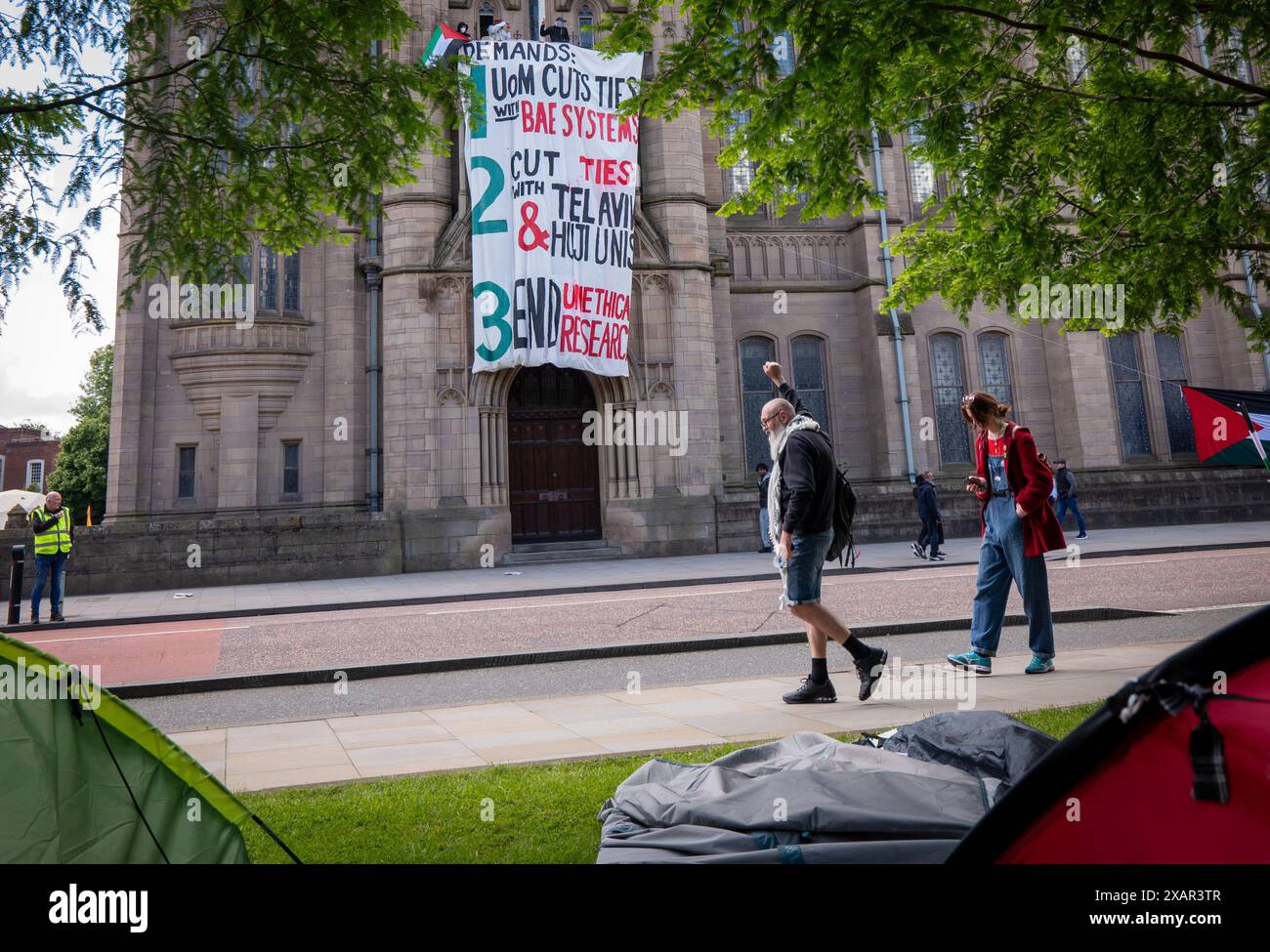 Pro Palestinian Banner with demands on Whitworth tower occupied by ...