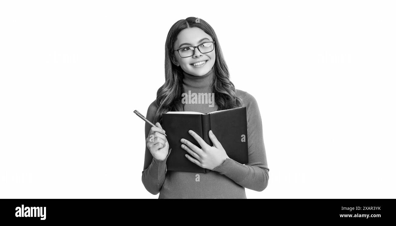 education of happy teen girl writing diary isolated on white. education ...