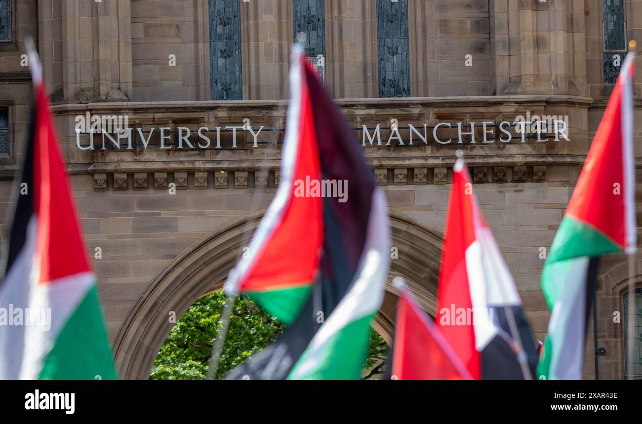Palestinian flags in front of Manchester University where students have ...