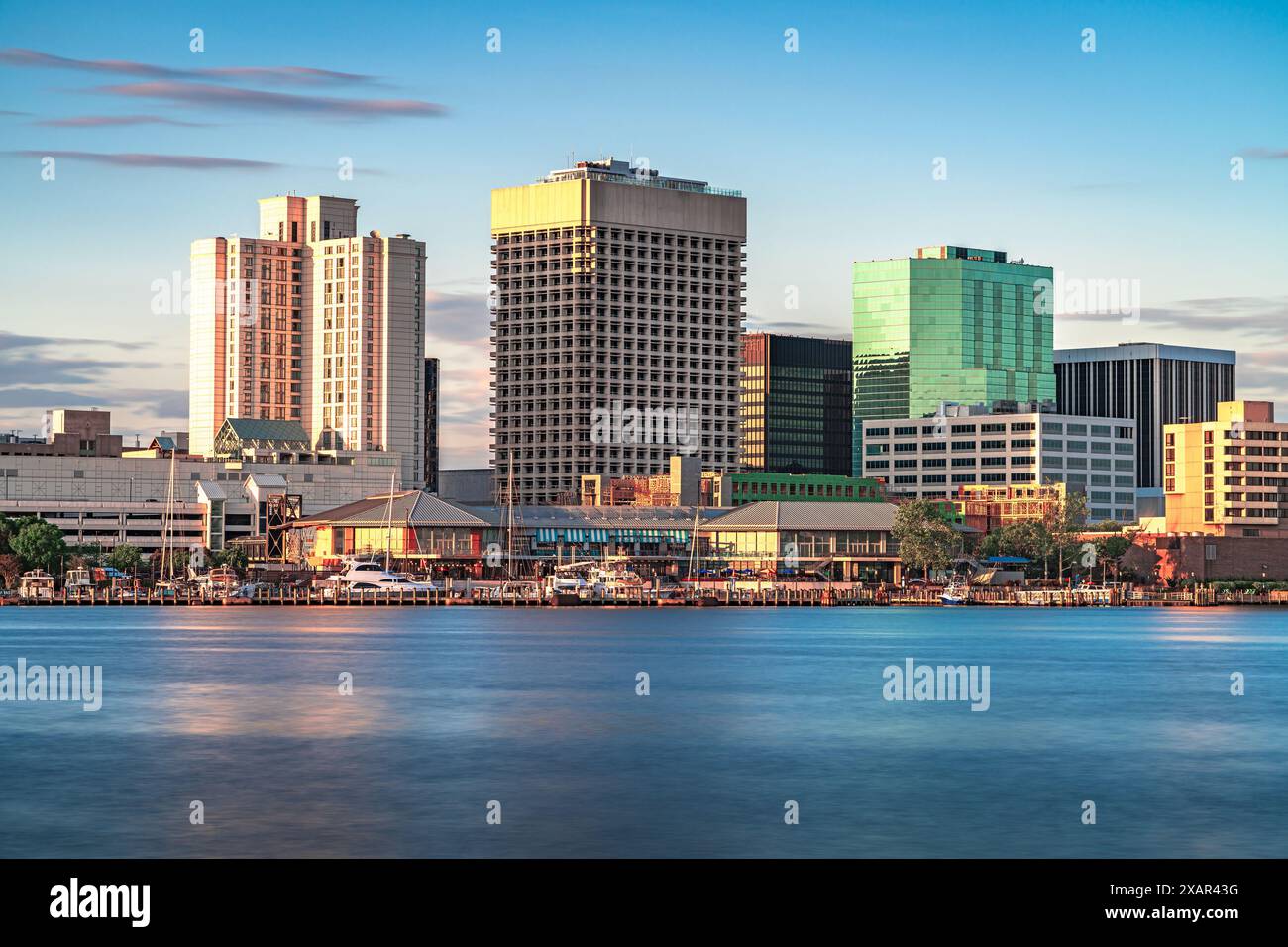 Norfolk, Virginia, USA skyline on the Elizabeth River at dusk Stock ...