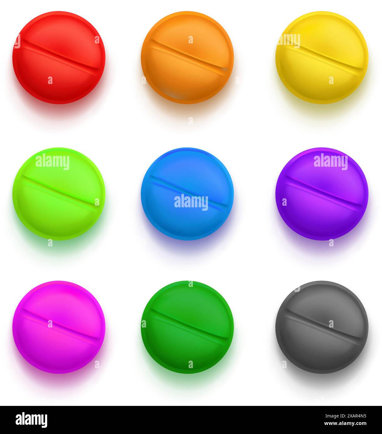 Medicinal tablets. Set of round flat tablets of different colors ...